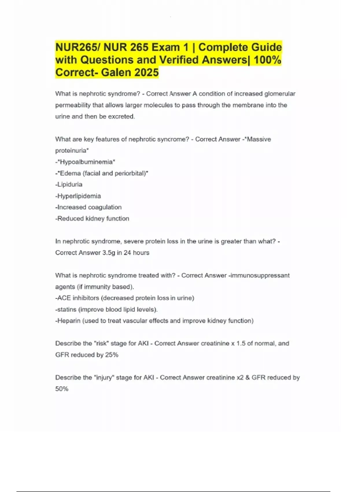 NUR265/ NUR 265 Exam 1 | Complete Guide with Questions and Verified Answers| 100% Correct- Galen ...
