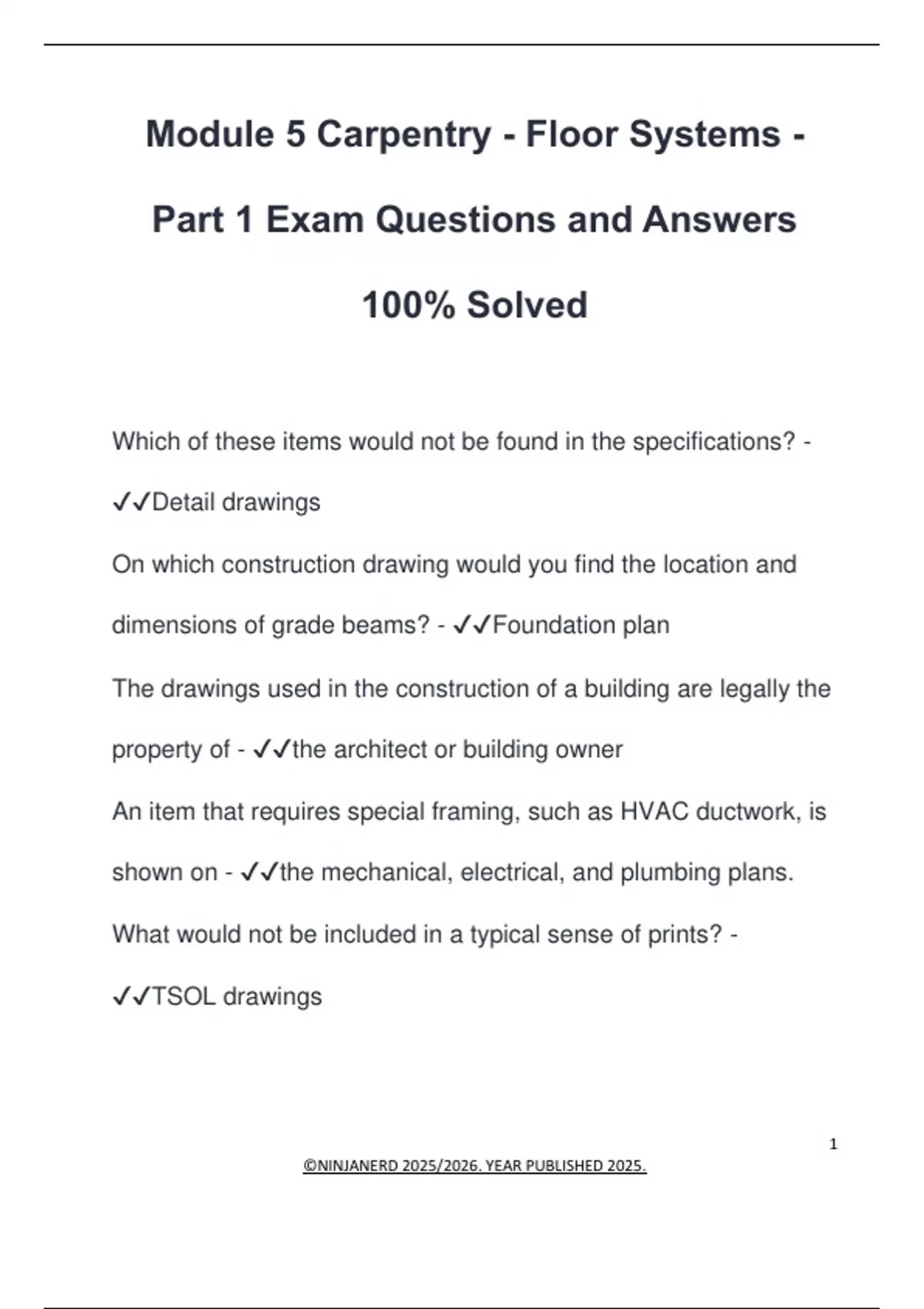 Module 5 Carpentry - Floor Systems - Part 1 Exam Questions and Answers 100% Solved - Nocti ...