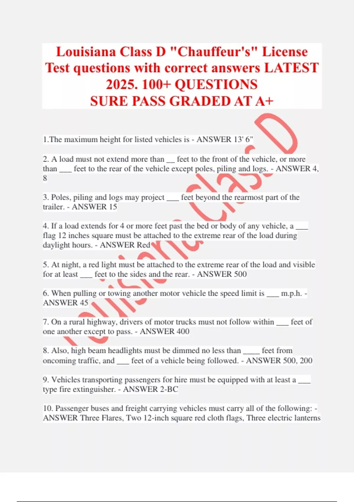 Louisiana Class D "Chauffeur's" License Test questions with correct ...