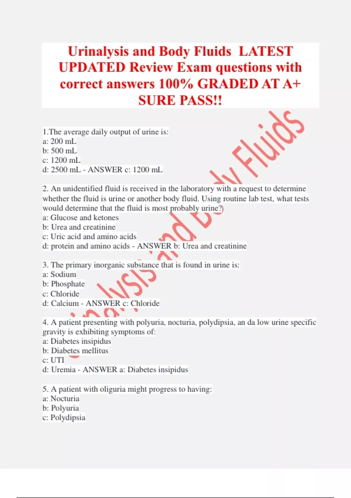 Urinalysis and Body Fluids LATEST UPDATED Review Exam questions with ...