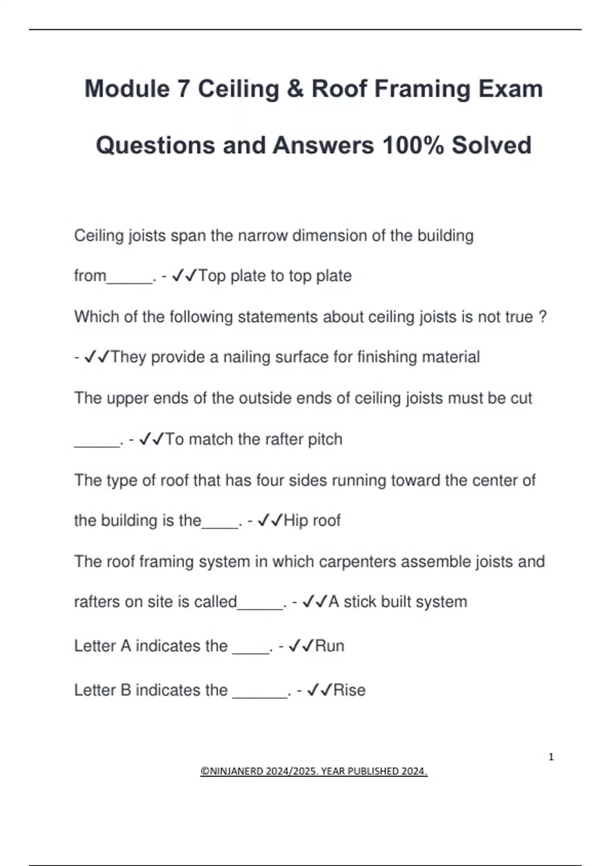 Module 7 Ceiling & Roof Framing Exam Questions and Answers 100% Solved ...