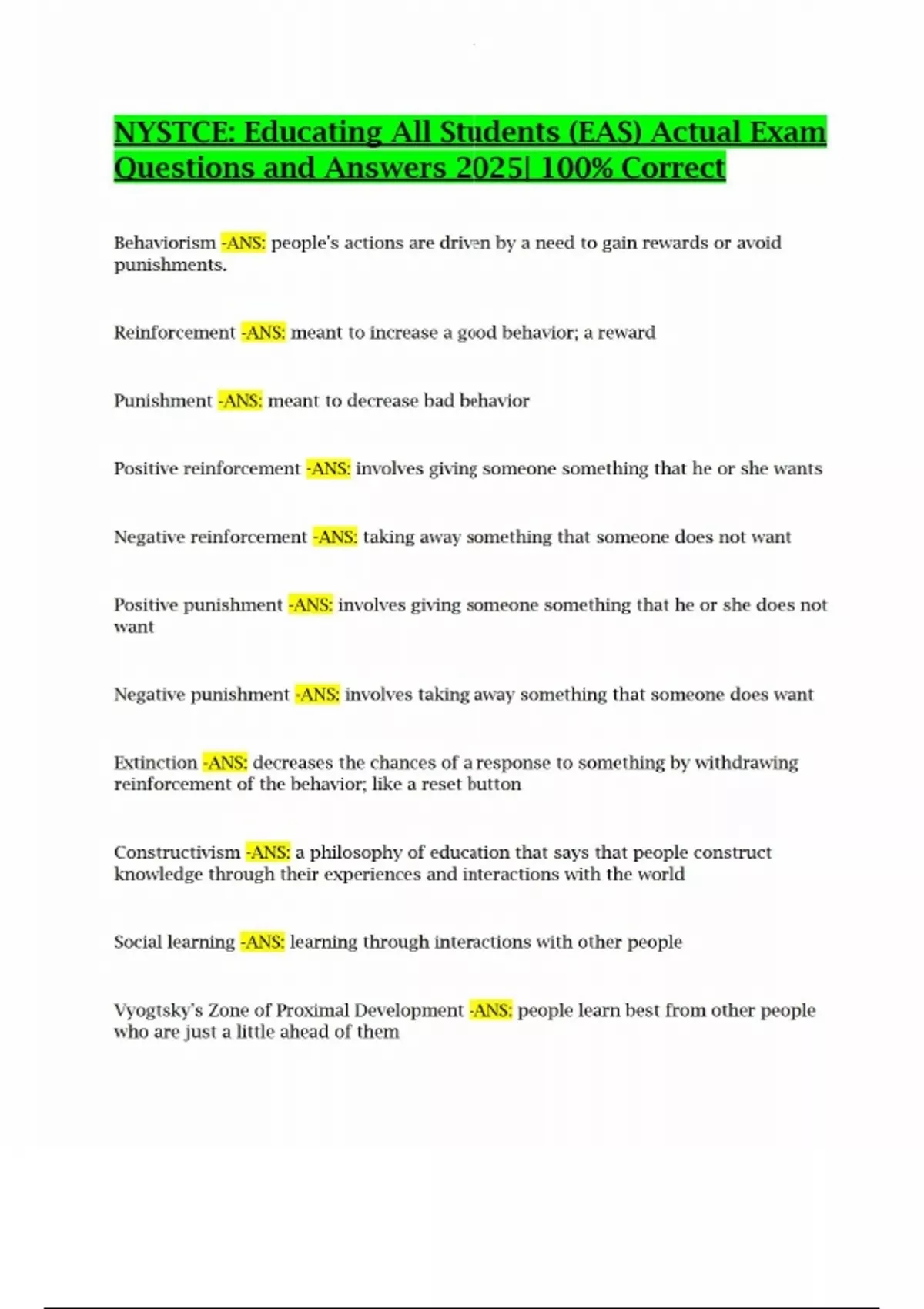 NYSTCE: Educating All Students (EAS) Actual Exam Questions and Answers ...