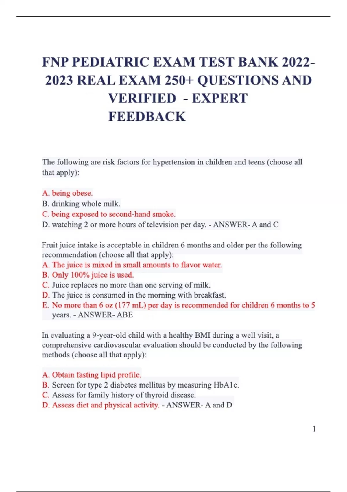 FNP PEDIATRIC EXAM TEST BANK REAL EXAM 250+ QUESTIONS AND VERIFIED ...