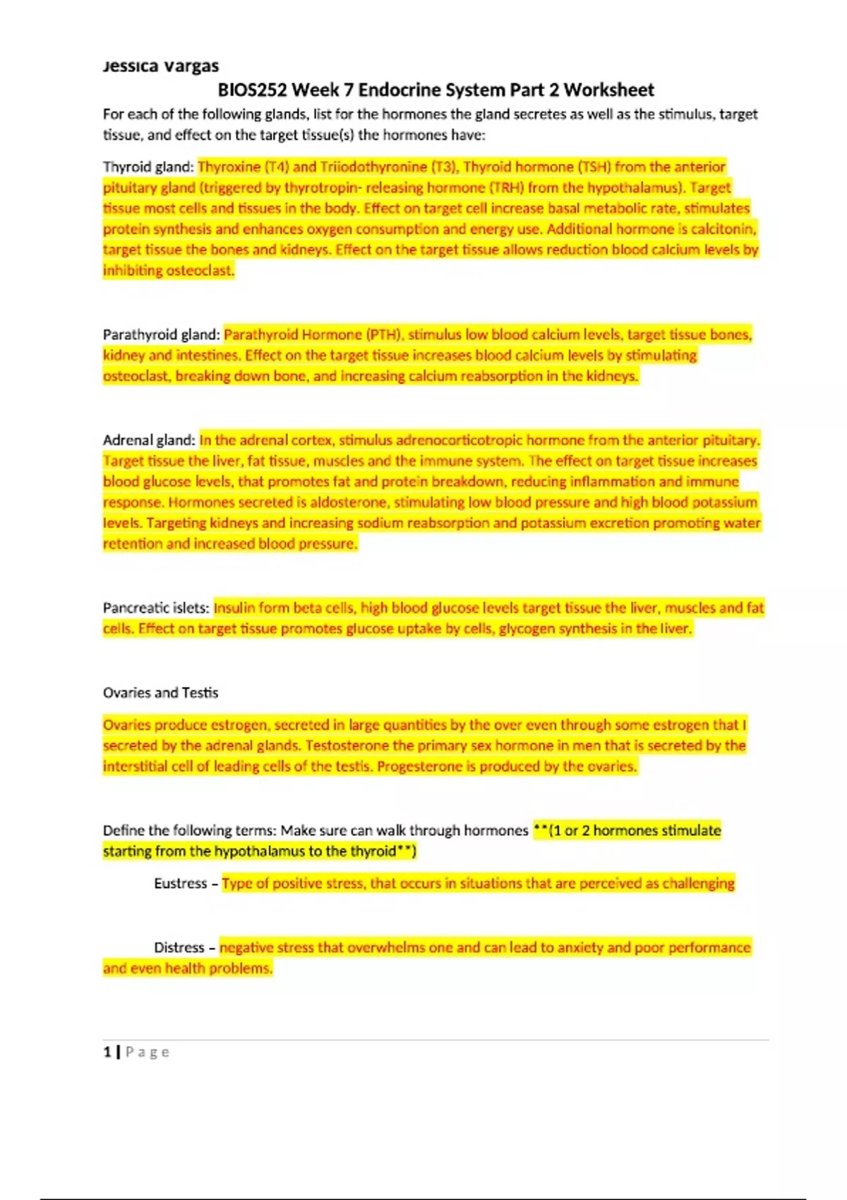 BIOS252 Week 7 Endocrine System Part 2 Worksheet Questions and Verified ...