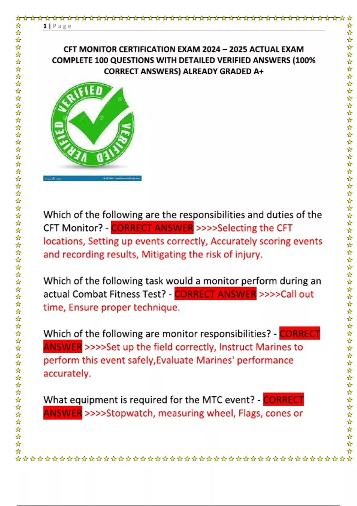 CFT MONITOR CERTIFICATION EXAM 2024 – 2025 Questions and Verified ...