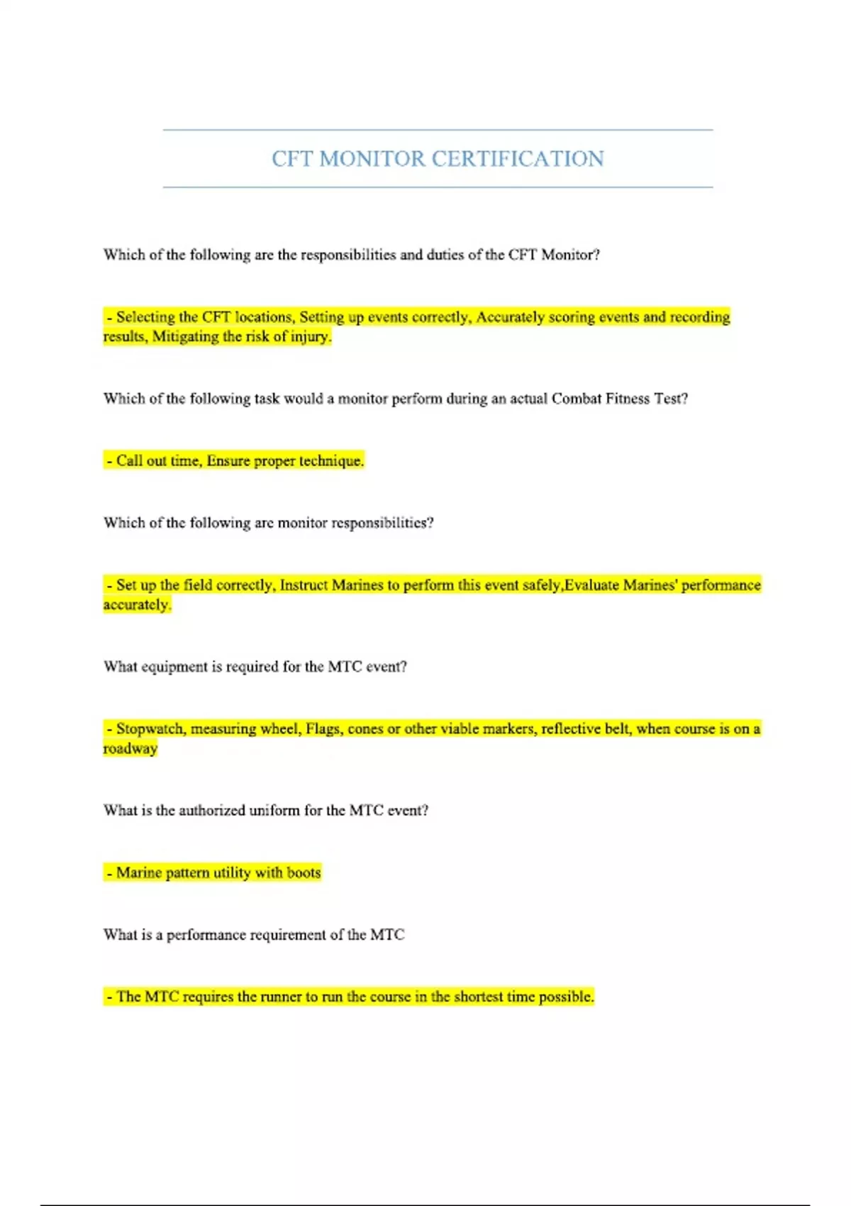 CFT MONITOR CERTIFICATION QUESTIONS WITH CORRECT ANSWERS - CFT MONITOR ...