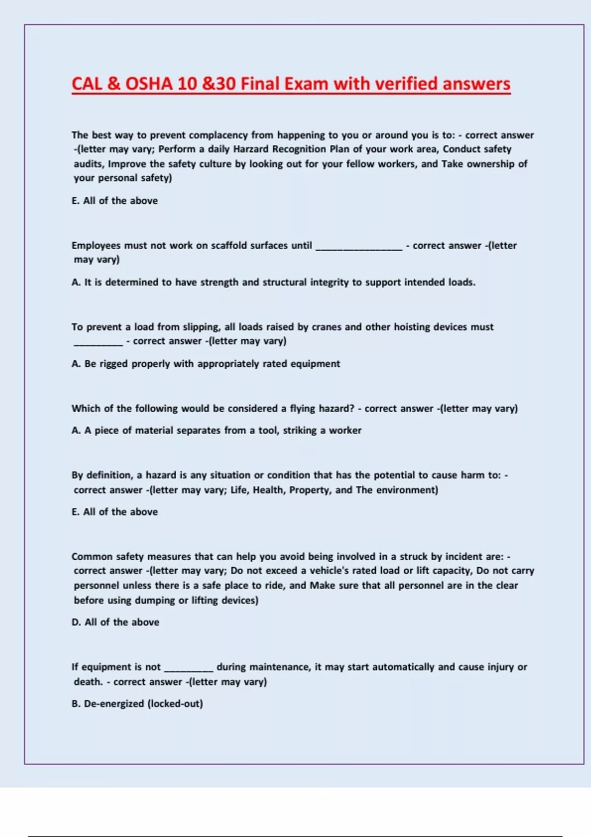 CAL & OSHA 10 &30 Final Exam with verified answers - OSHA 10 - Stuvia US