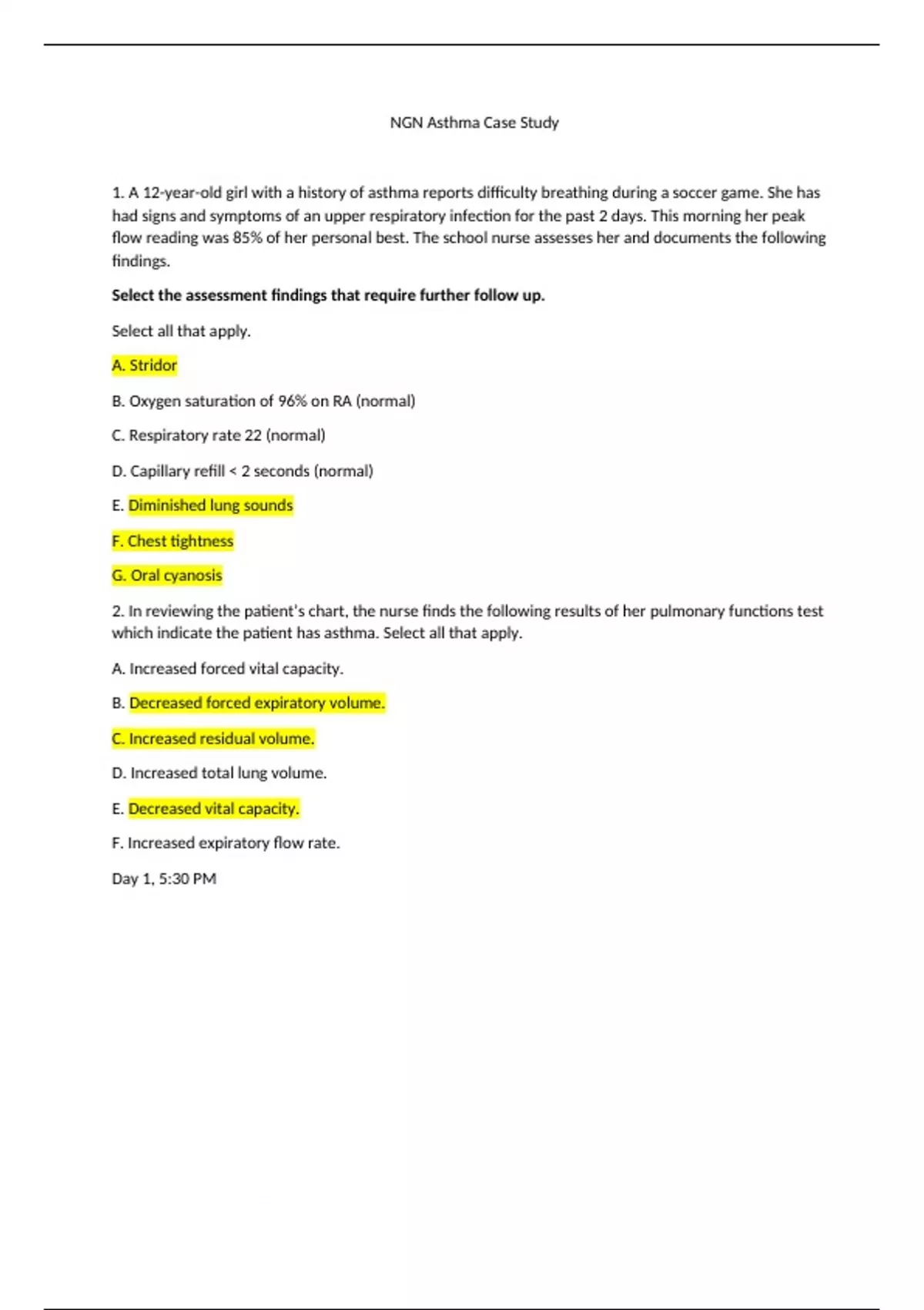 NGN Asthma Case Study with Answers Latest 2025 - Nursing - Stuvia US