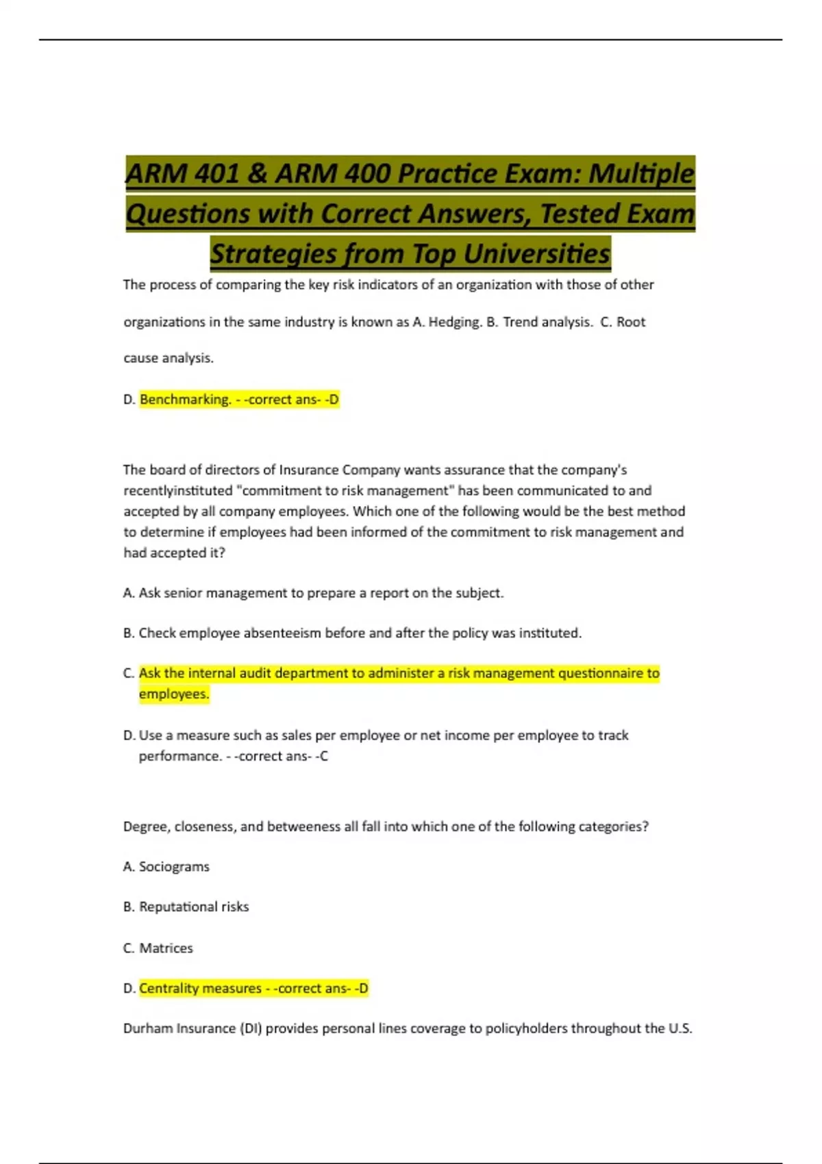 ARM 401 & ARM 400 Practice Exam: Multiple Questions with Correct Answers and Expert Rationales ...