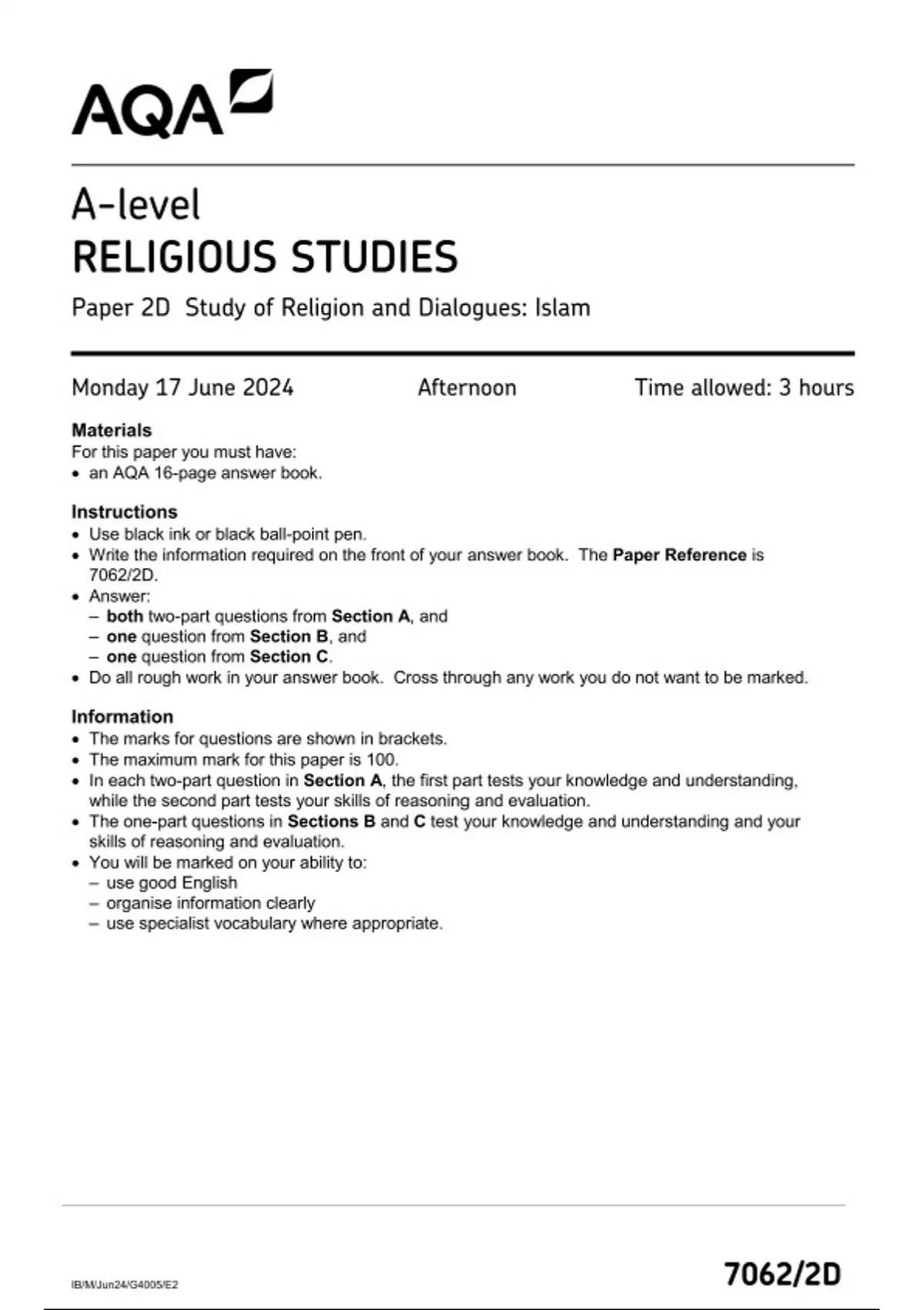 AQA A-level RELIGIOUS STUDIES Paper 2D JUNE 2024 QUESTION PAPER: Study ...