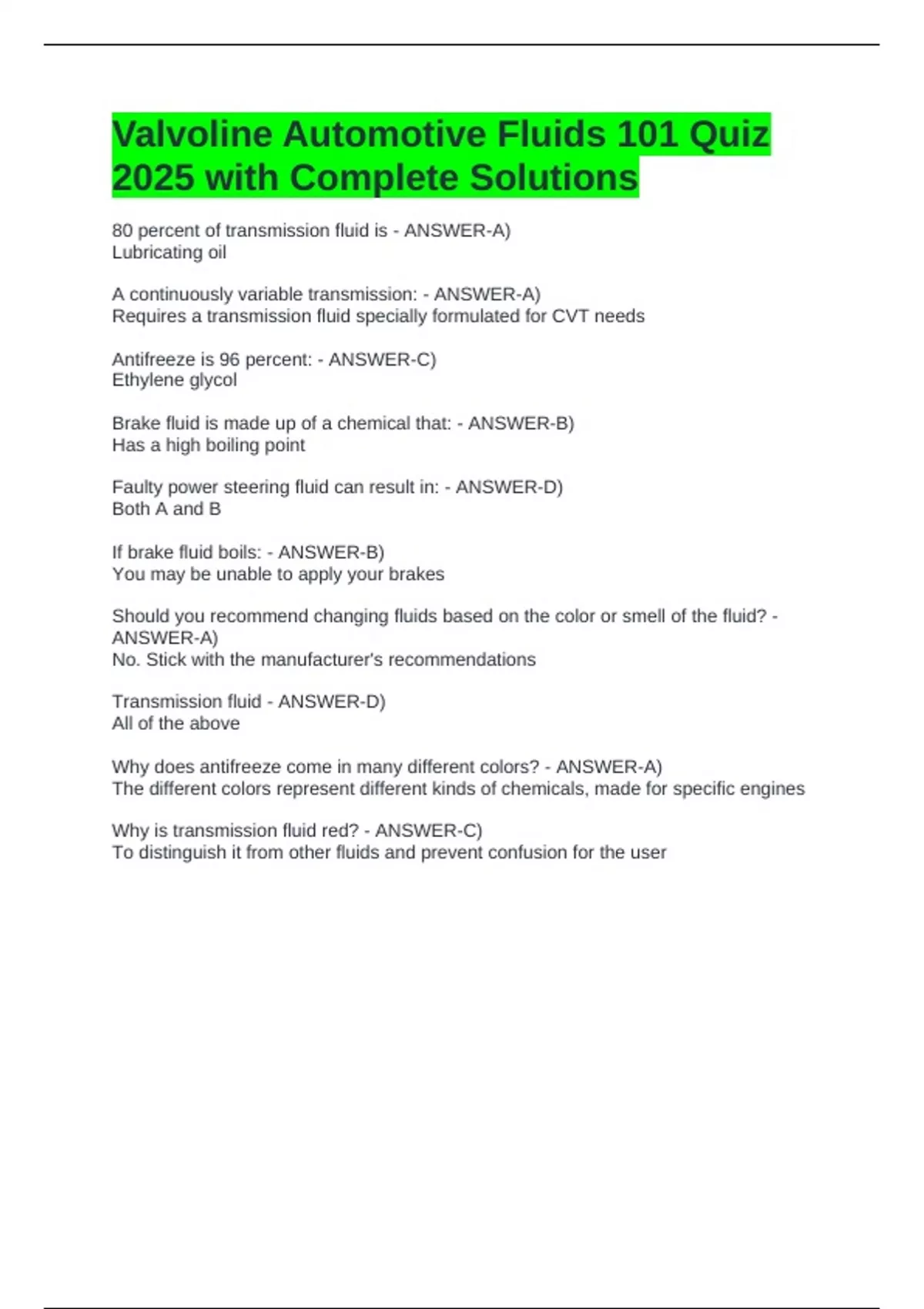 Valvoline Automotive Fluids 101 Quiz 2025 with Complete Solutions ...