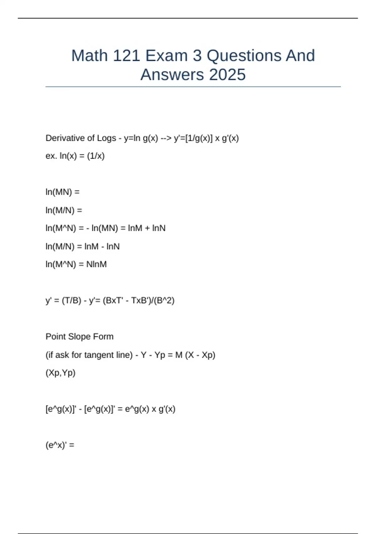 Math 121 Exam 3 Questions And Answers 2025 - MATH 121 - Stuvia US