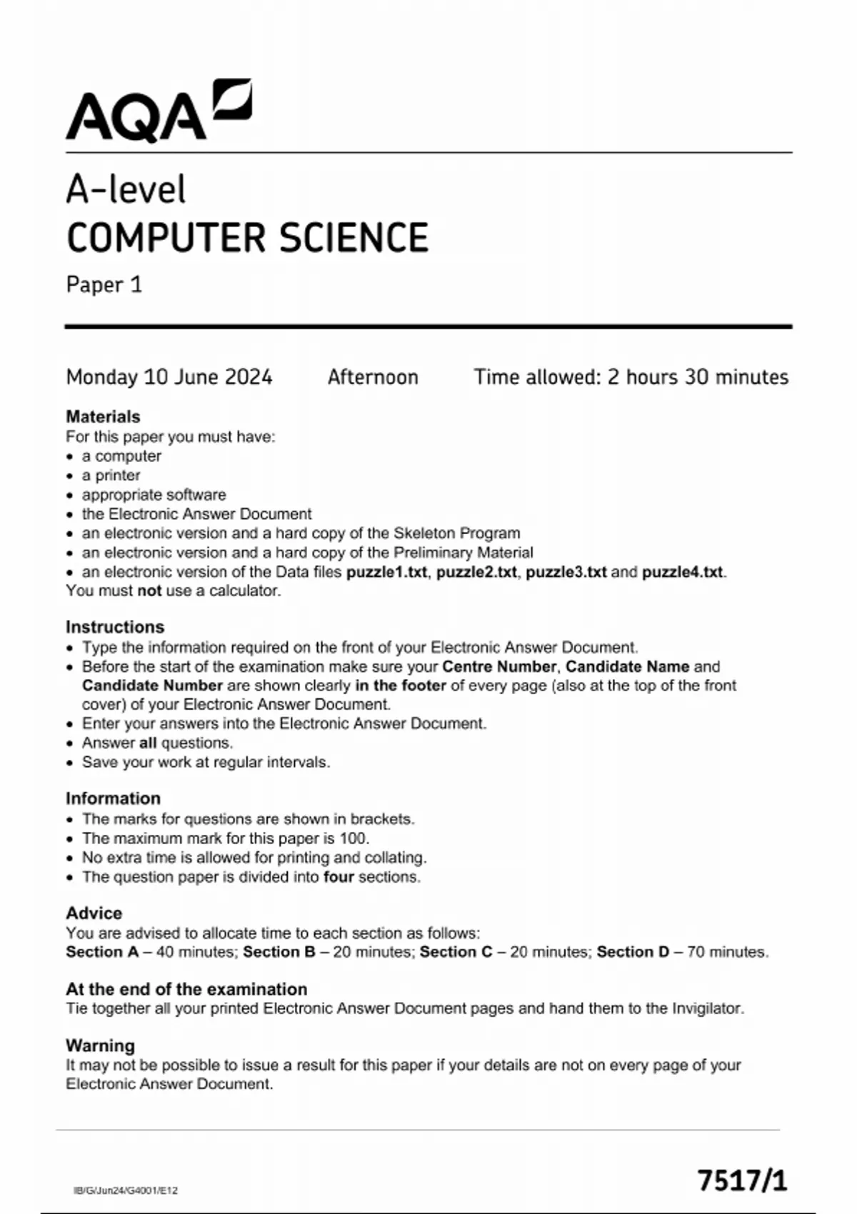AQA A LEVEL COMPUTER SCIENCE PAPER 1 QUESTION PAPER 2024 (7517/1) - AQA A LEVEL COMPUTER SCIENCE ...