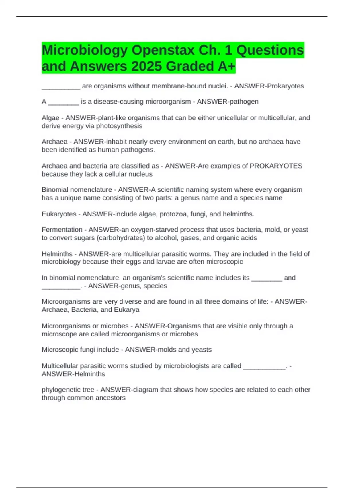 Microbiology Openstax Ch. 1 Questions and Answers 2025 Graded A+ ...