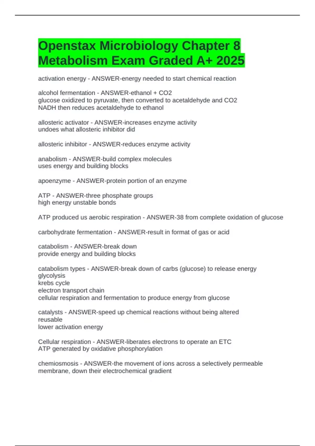 Openstax Microbiology Chapter 8 Metabolism Exam Graded A+ 2025 ...