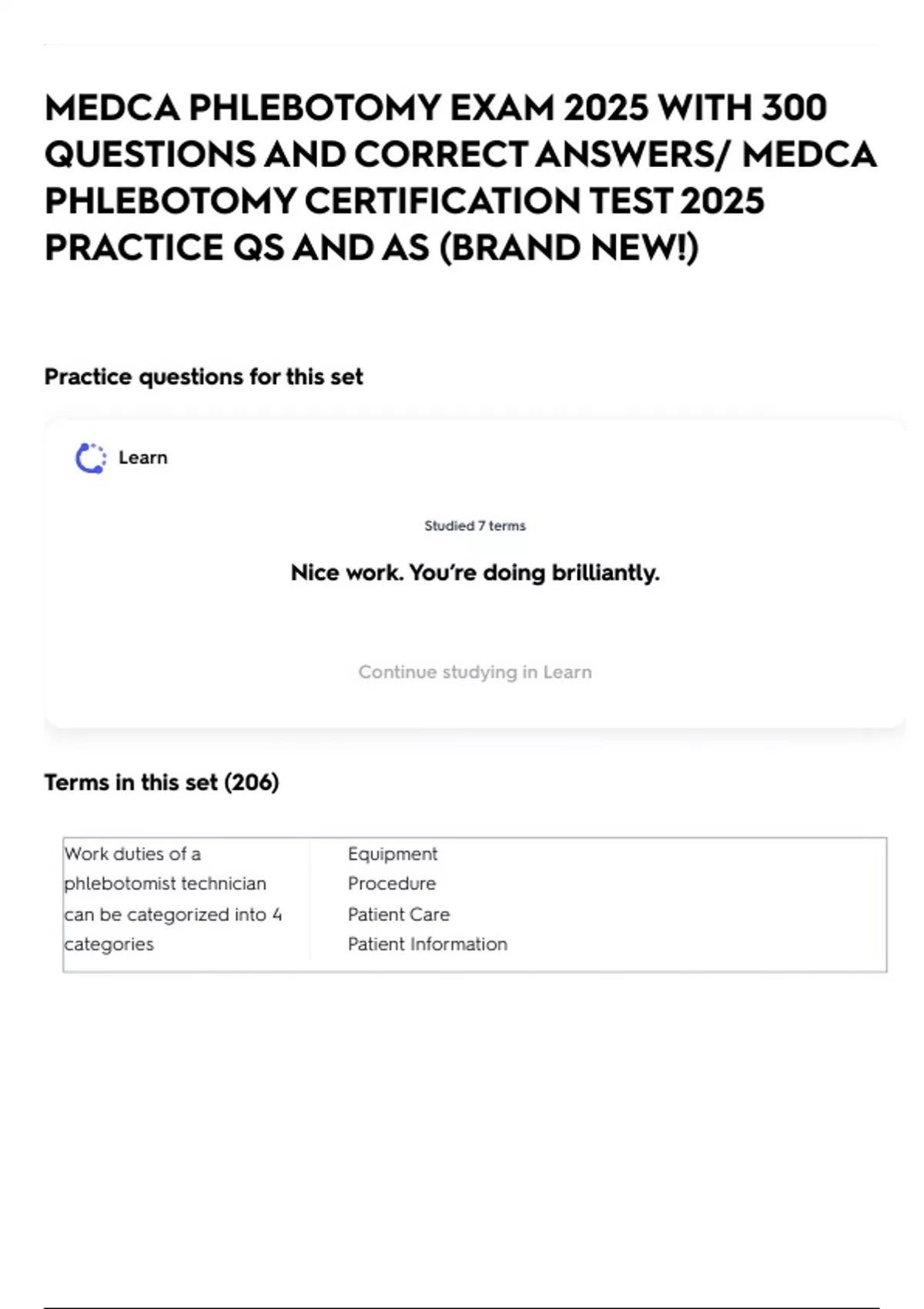 MEDCA PHLEBOTOMY EXAM 2025 WITH 300 QUESTIONS AND CORRECT ANSWERS ...