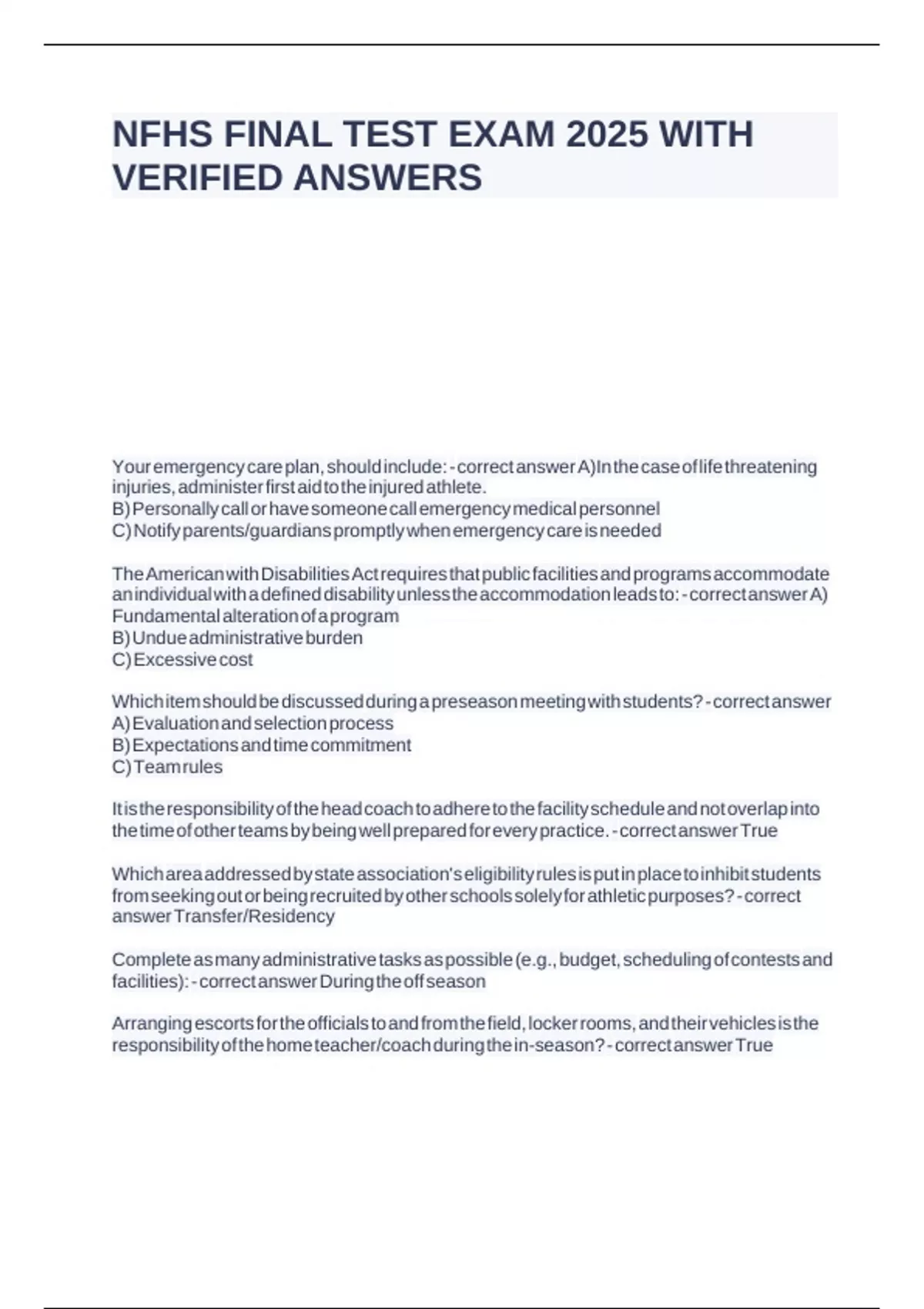 NFHS FINAL TEST EXAM - Stuvia US