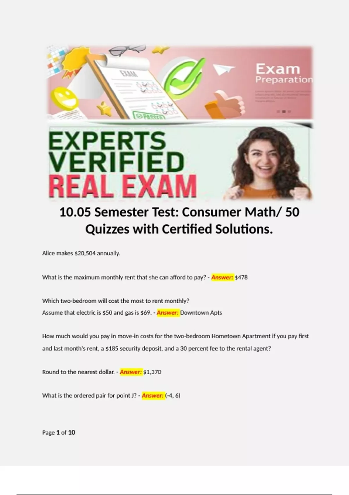 10.05 Semester Test: Consumer Math/ 50 Quizzes with Certified Solutions ...