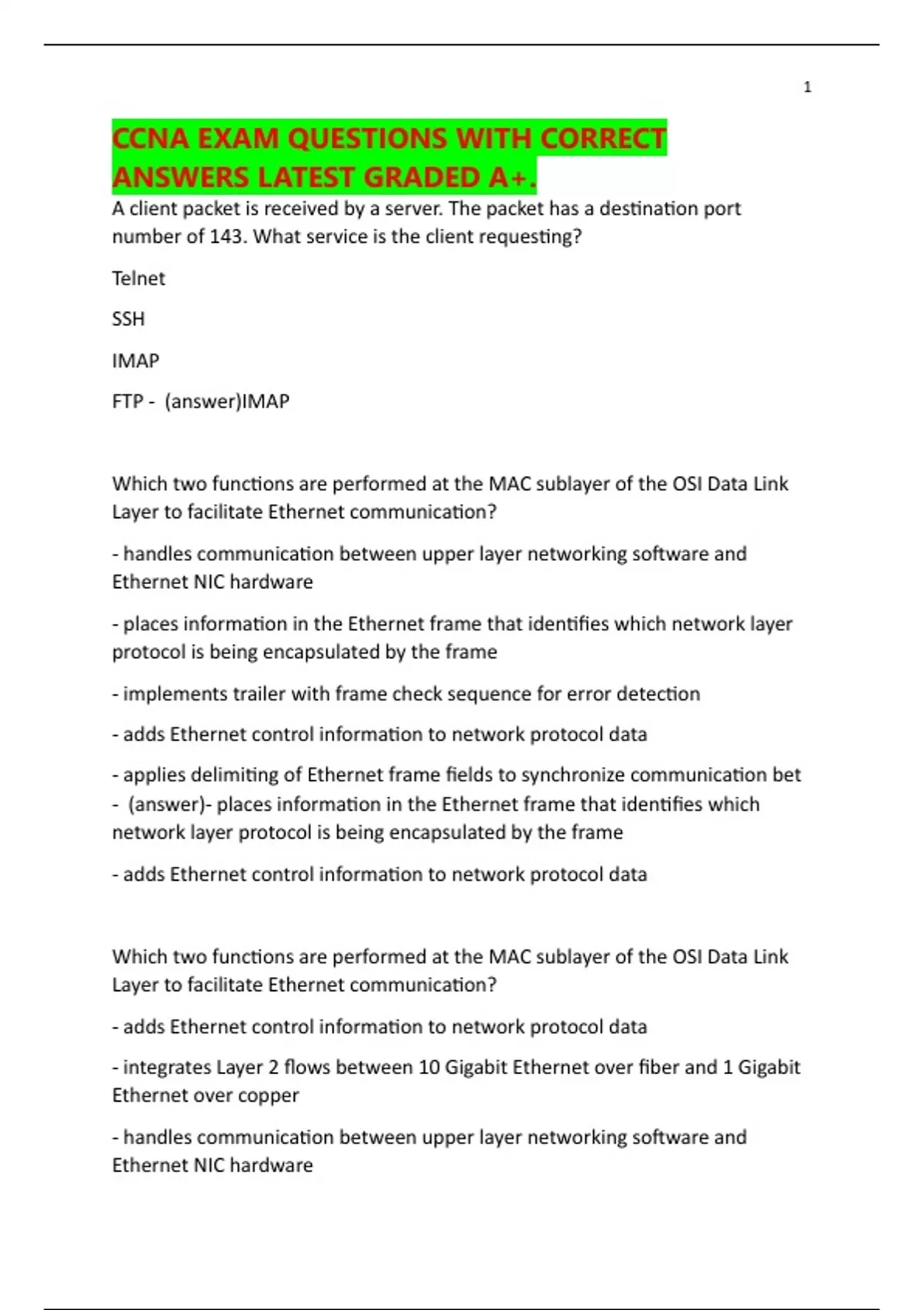 CCNA EXAM QUESTIONS WITH CORRECT ANSWERS LATEST GRADED A+. - CCNA ...