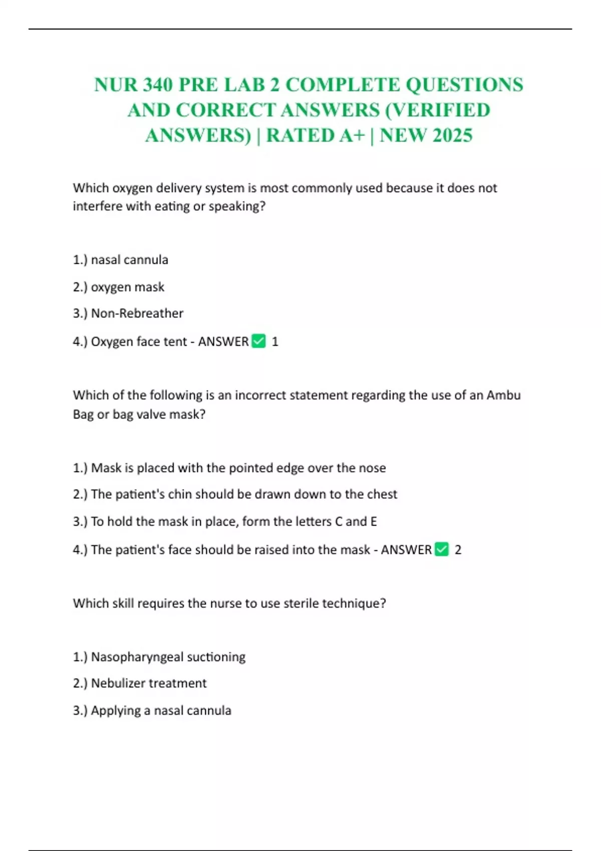 NUR 340 PRE LAB 2 COMPLETE QUESTIONS AND CORRECT ANSWERS (VERIFIED ...