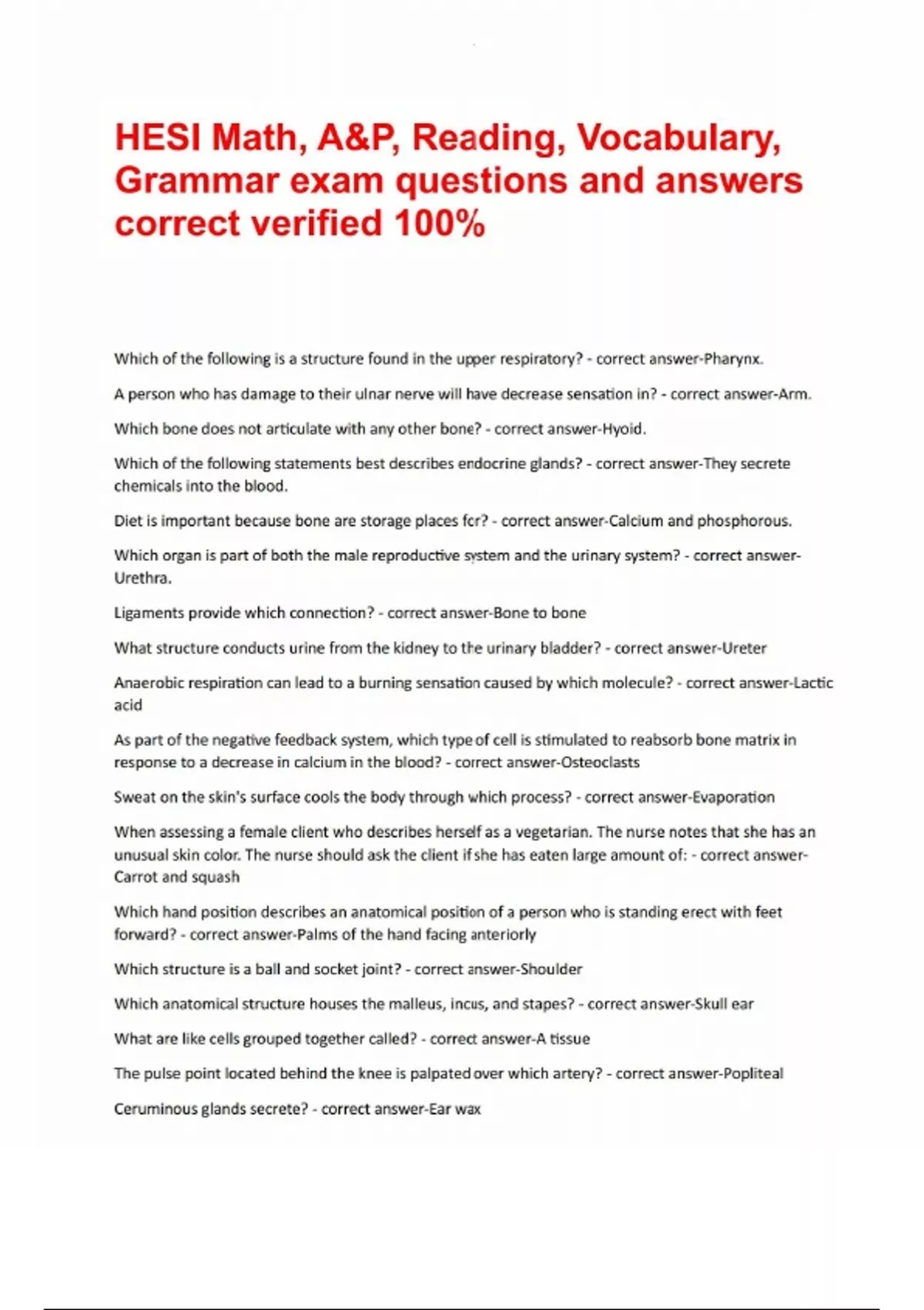 HESI Math, A&P, Reading, Vocabulary, Grammar exam questions and answers ...