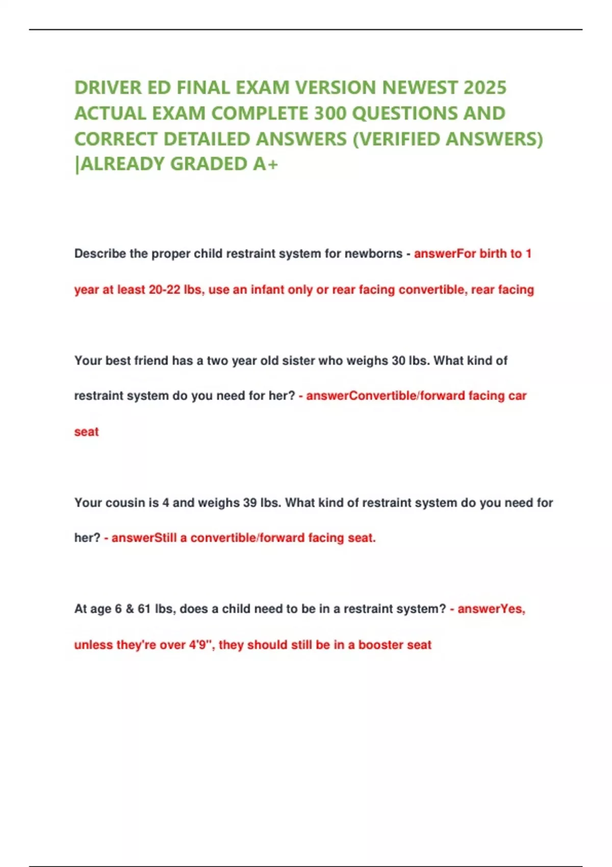 DRIVER ED FINAL EXAM VERSION NEWEST 2025 ACTUAL EXAM COMPLETE 300 ...