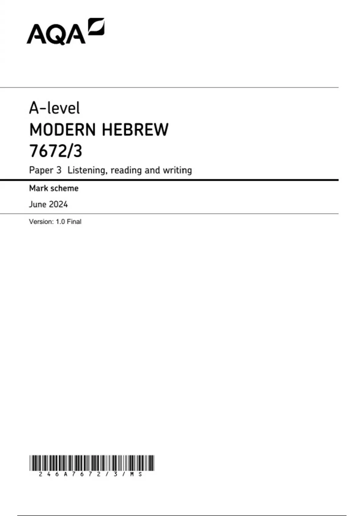 AQA A-level MODERN HEBREW Paper 3 JUNE 2024 QUESTION PAPER AND MARK ...