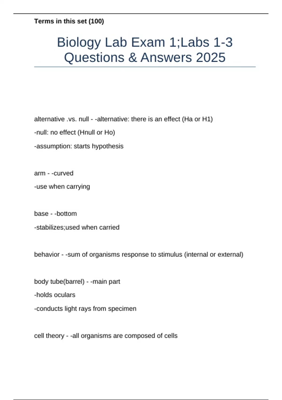 Biology Lab Exam 1 Labs 1-3 Questions & Answers 2025 - Lab - Stuvia US