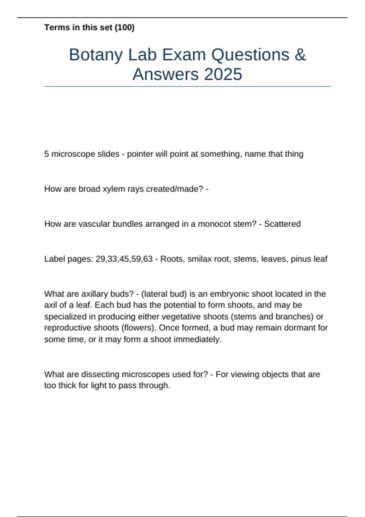 Botany Lab Exam Questions & Answers 2025 - Lab - Stuvia US