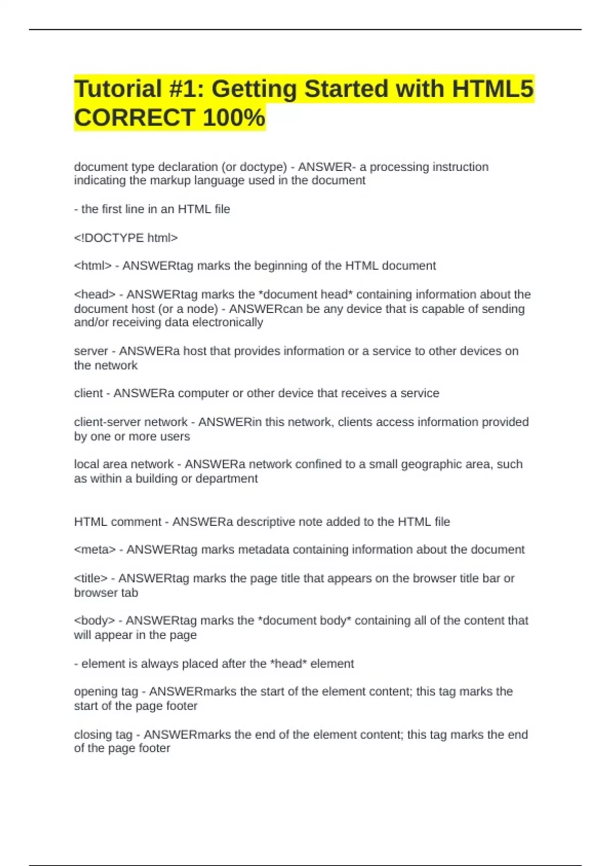 Tutorial #1: Getting Started with HTML5 CORRECT 100% - Tutorial #1: HTML5 - Stuvia US