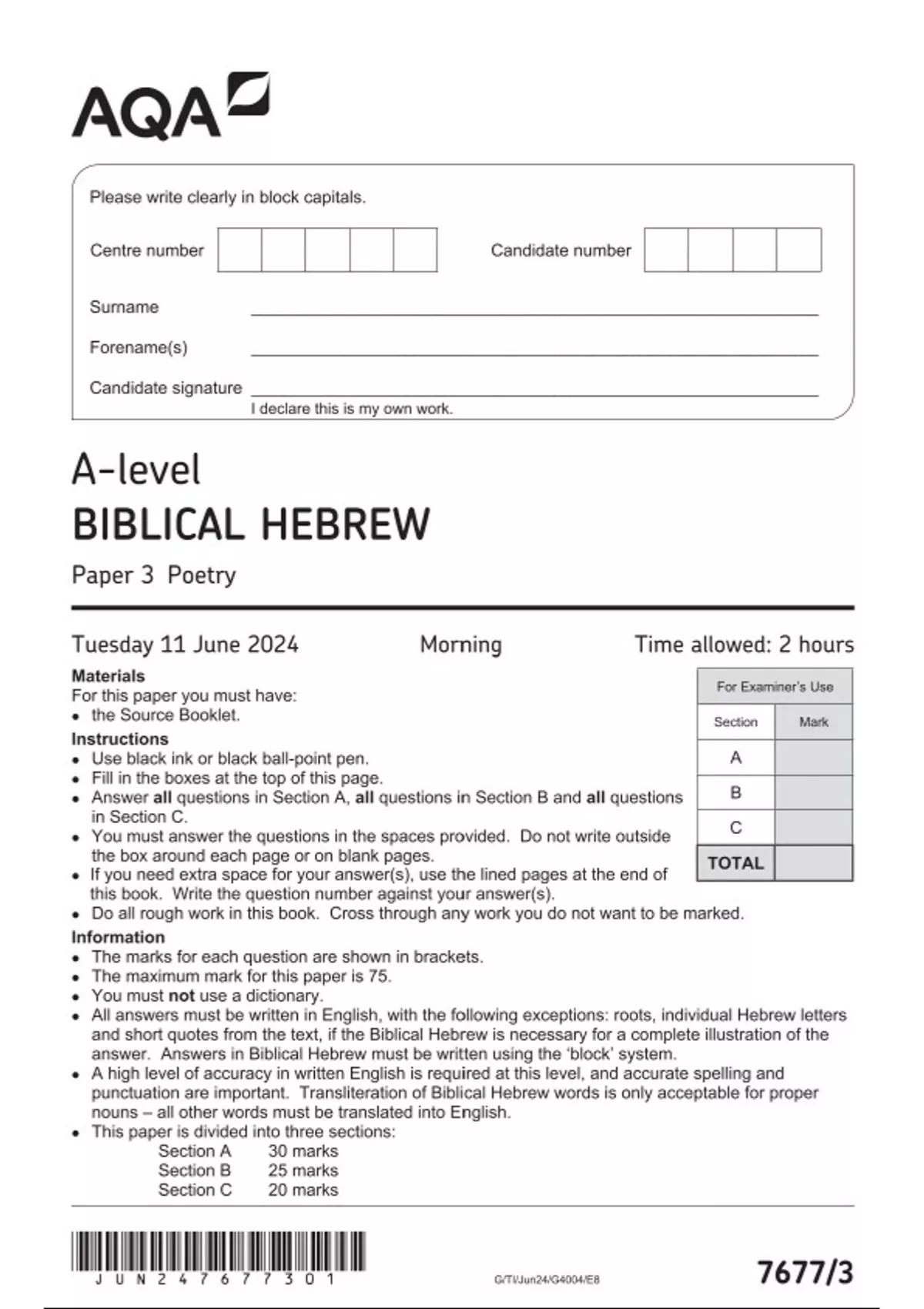AQA A-level BIBLICAL HEBREW Paper 1, 2 and 3 JUNE 2024 QUESTION PAPERS ...