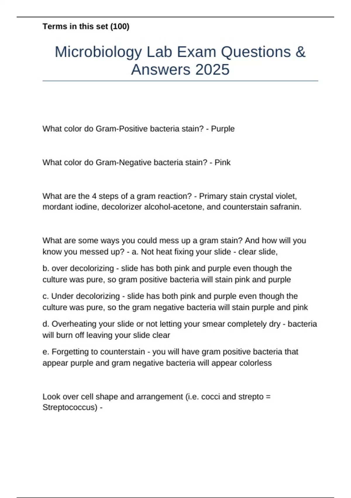 Microbiology Lab Exam Questions & Answers 2025 - Lab - Stuvia US