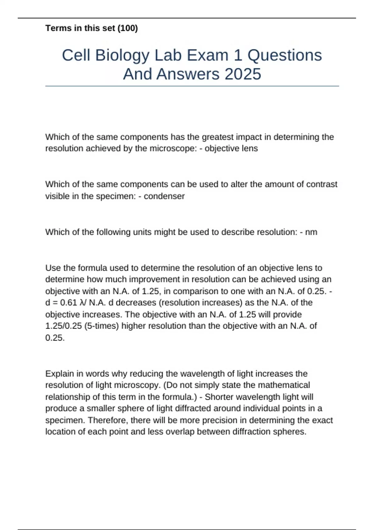 Cell Biology Lab Exam 1 Questions And Answers 2025 - Lab - Stuvia US