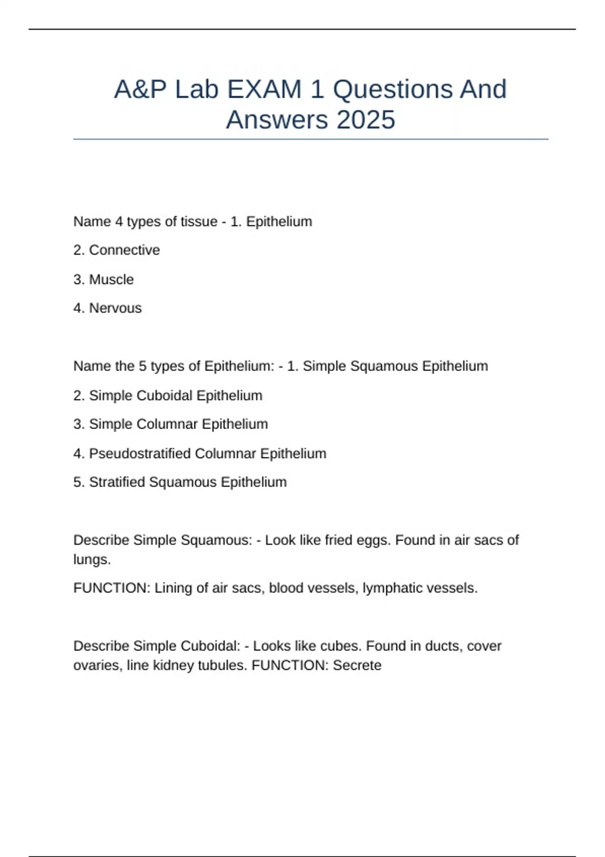 A&P Lab EXAM 1 Questions And Answers 2025 - Lab - Stuvia US