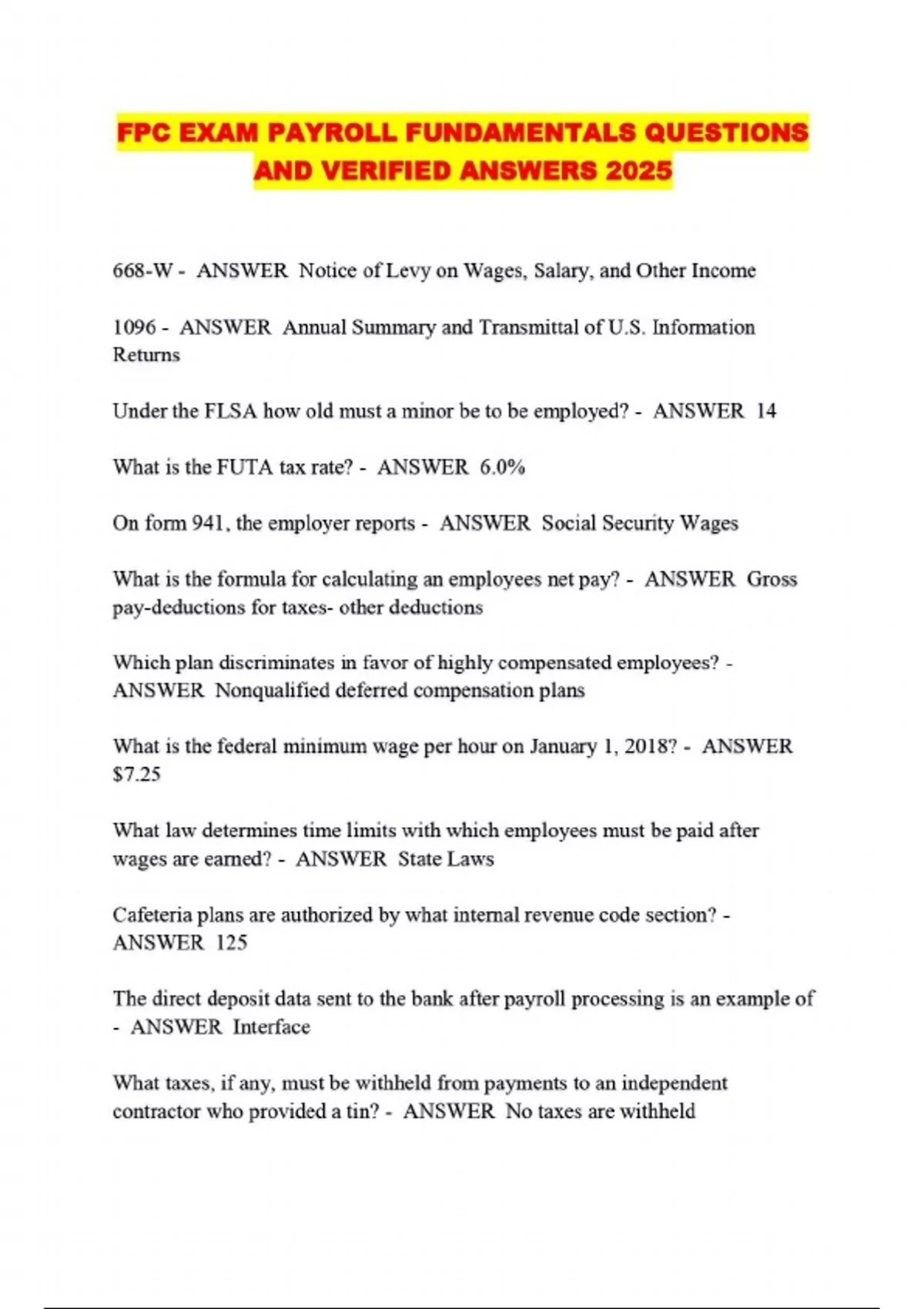 FPC EXAM PAYROLL FUNDAMENTALS QUESTIONS AND VERIFIED ANSWERS 2025 - FPC ...