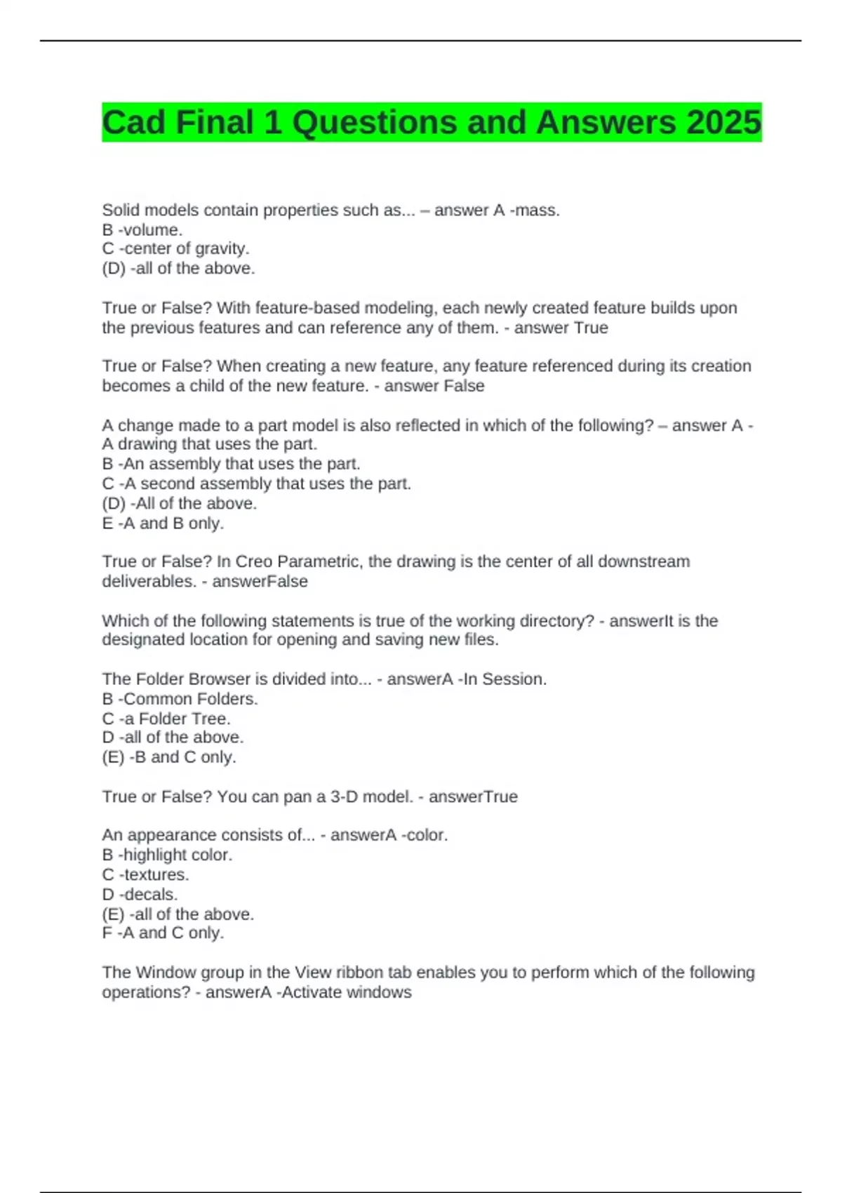 Cad Final 1 Questions and Answers 2025 - CREO - Stuvia US
