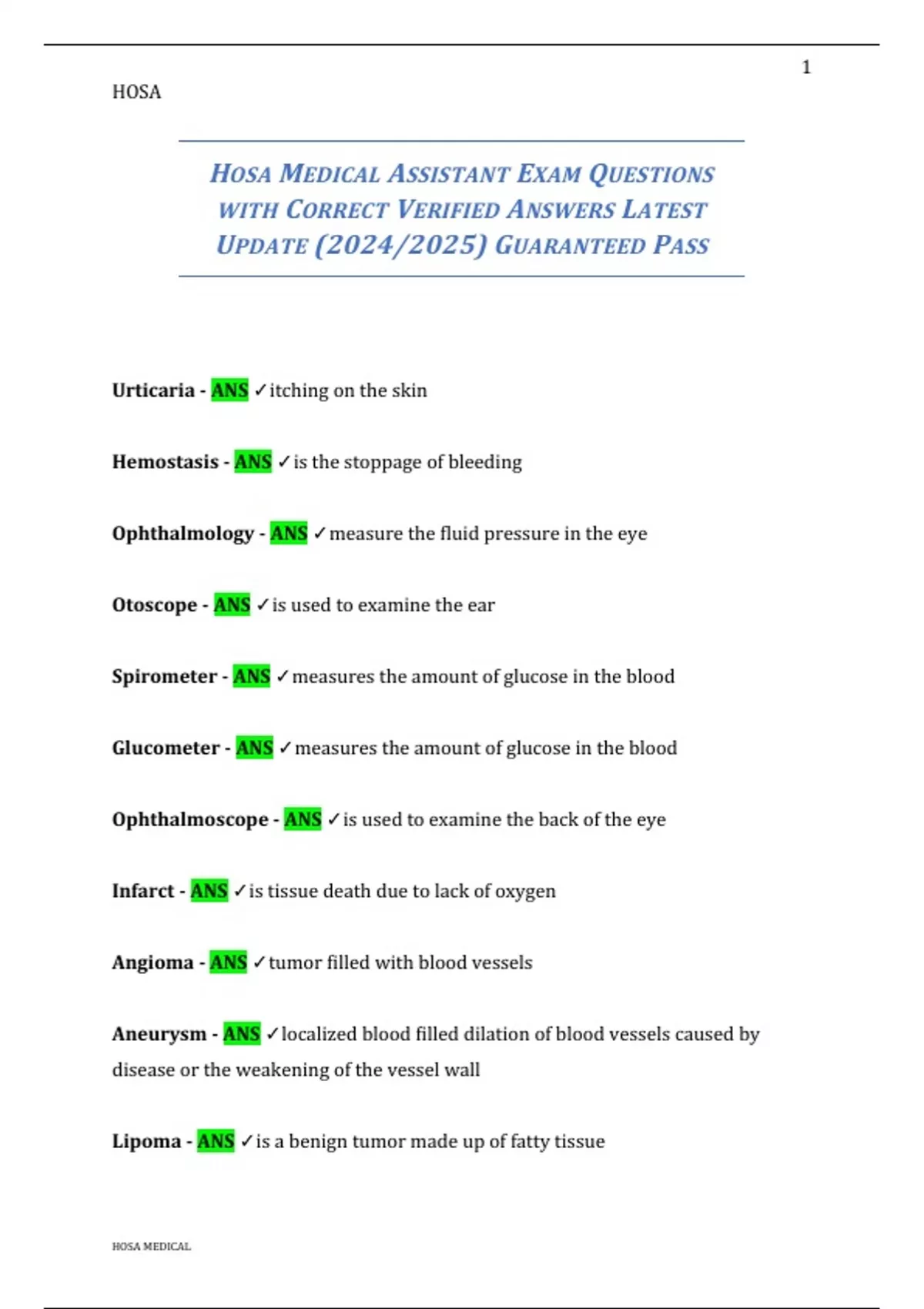 HOSA MEDICAL ASSISTANT EXAM QUESTIONS WITH CORRECT VERIFIED ANSWERS ...