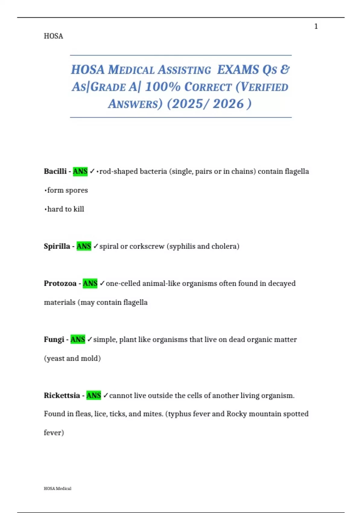 HOSA MEDICAL ASSISTING EXAMS QS & AS|GRADE A| 100% CORRECT (VERIFIED ...