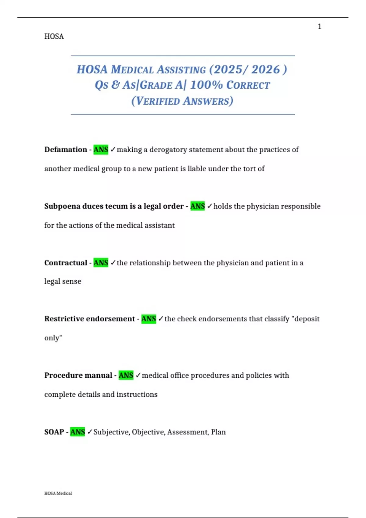 HOSA MEDICAL ASSISTING (2025/ 2026 ) QS & AS|GRADE A| 100% CORRECT ...