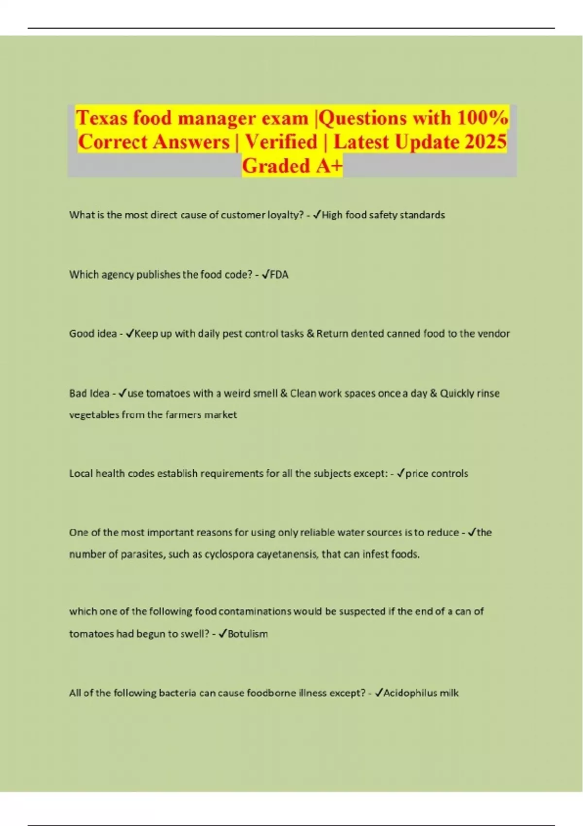 Texas food manager exam |Questions with 100% Correct Answers | Verified ...