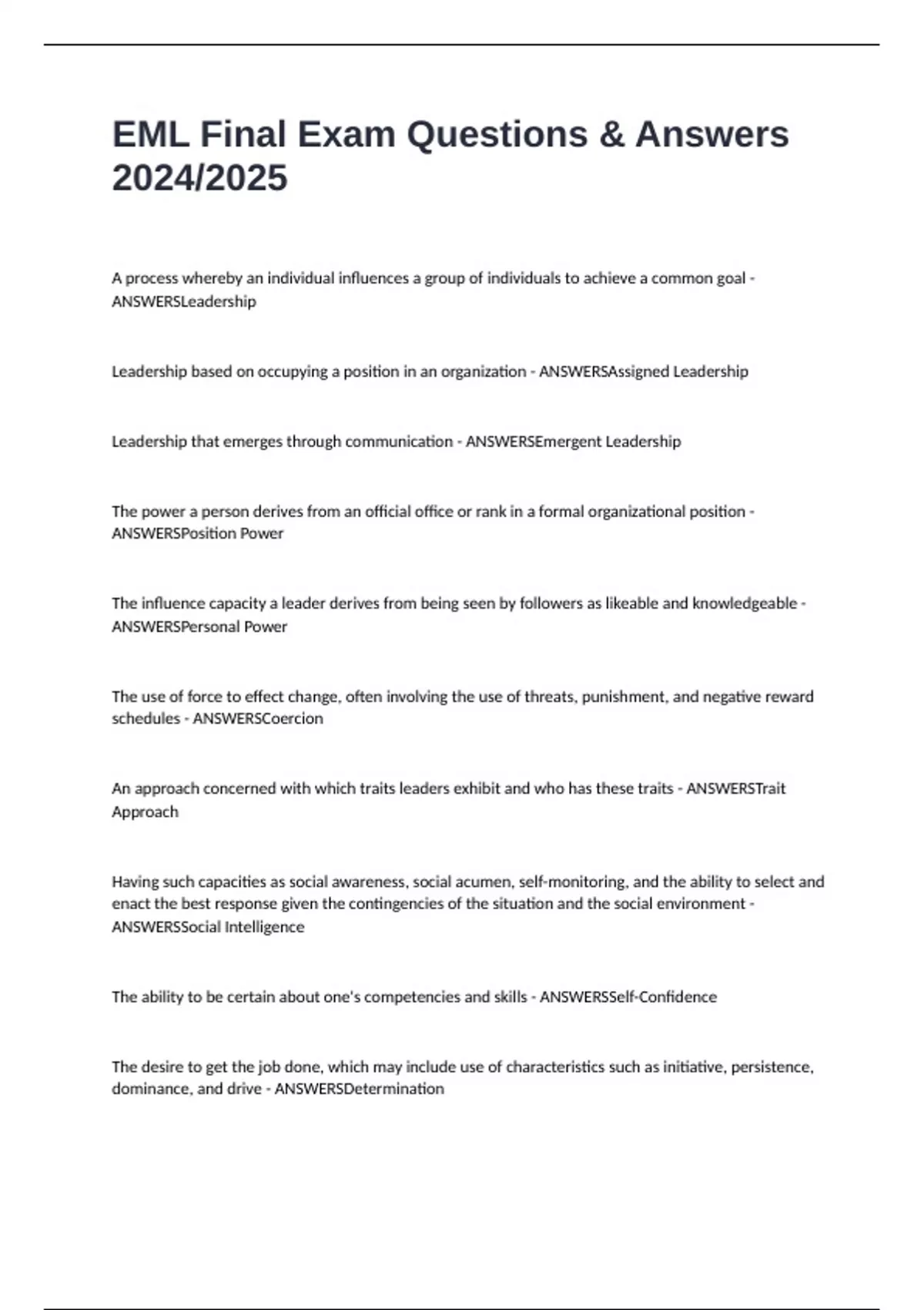 EML Final Exam Questions & Answers 2024/2025 - EML - Stuvia US