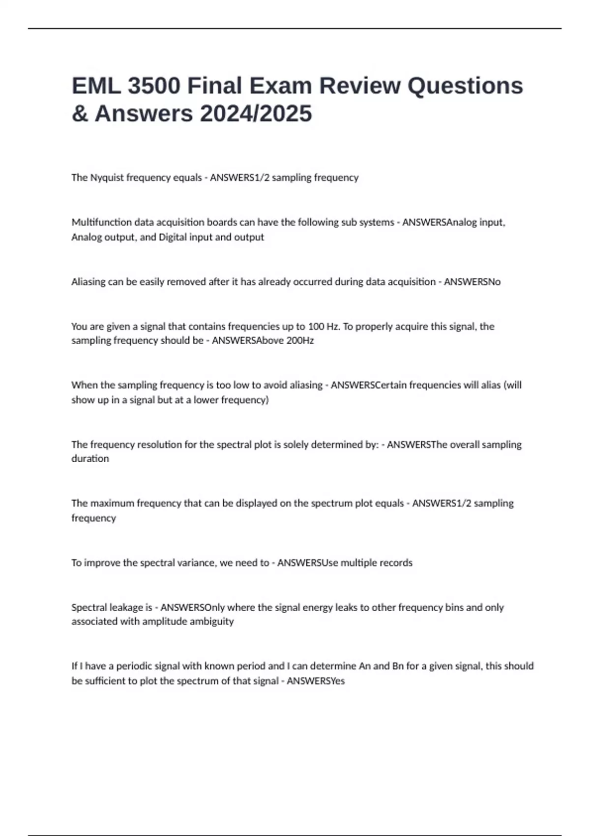 EML 3500 Final Exam Review Questions & Answers 2024/2025 - EML 3500 ...