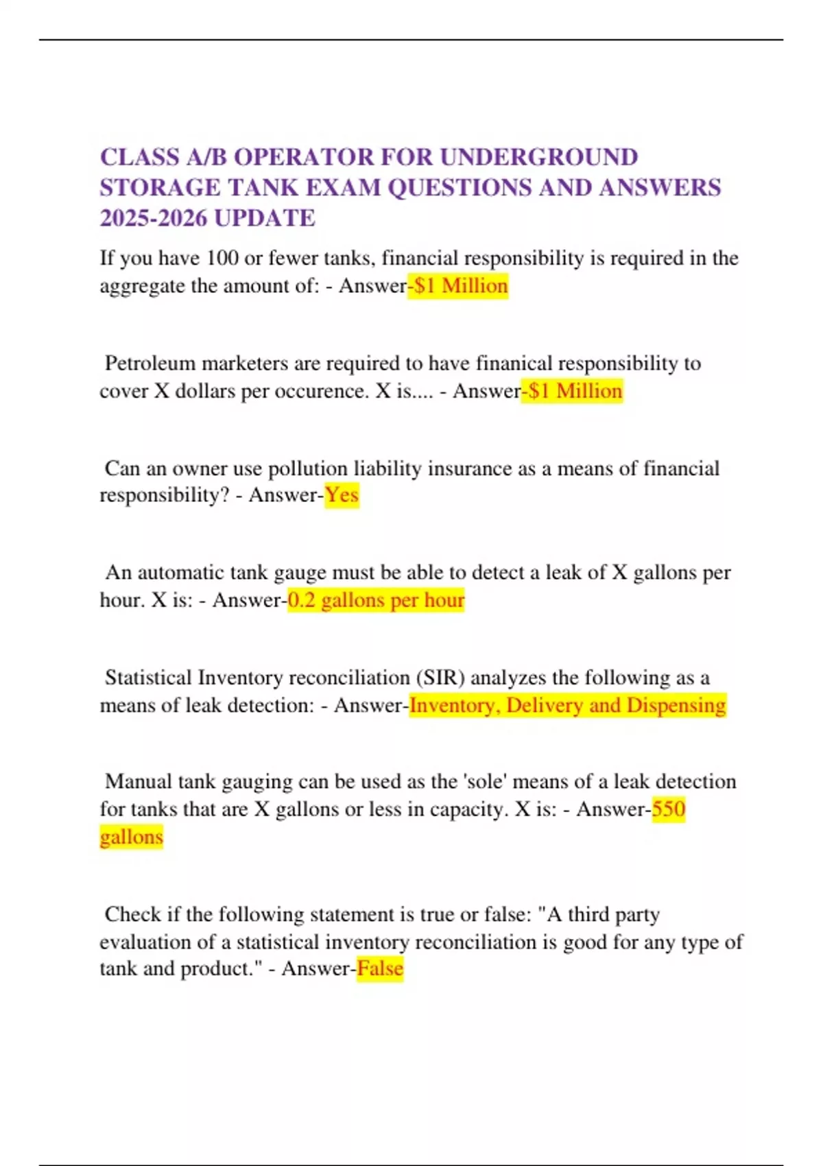 CLASS A/B OPERATOR FOR UNDERGROUND STORAGE TANK EXAM QUESTIONS AND ...