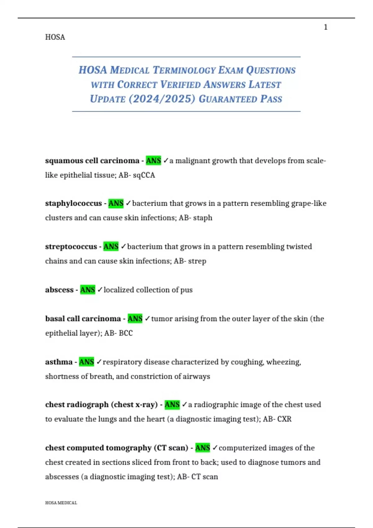 HOSA MEDICAL TERMINOLOGY EXAMs QUESTIONS WITH CORRECT VERIFIED ANSWERS ...