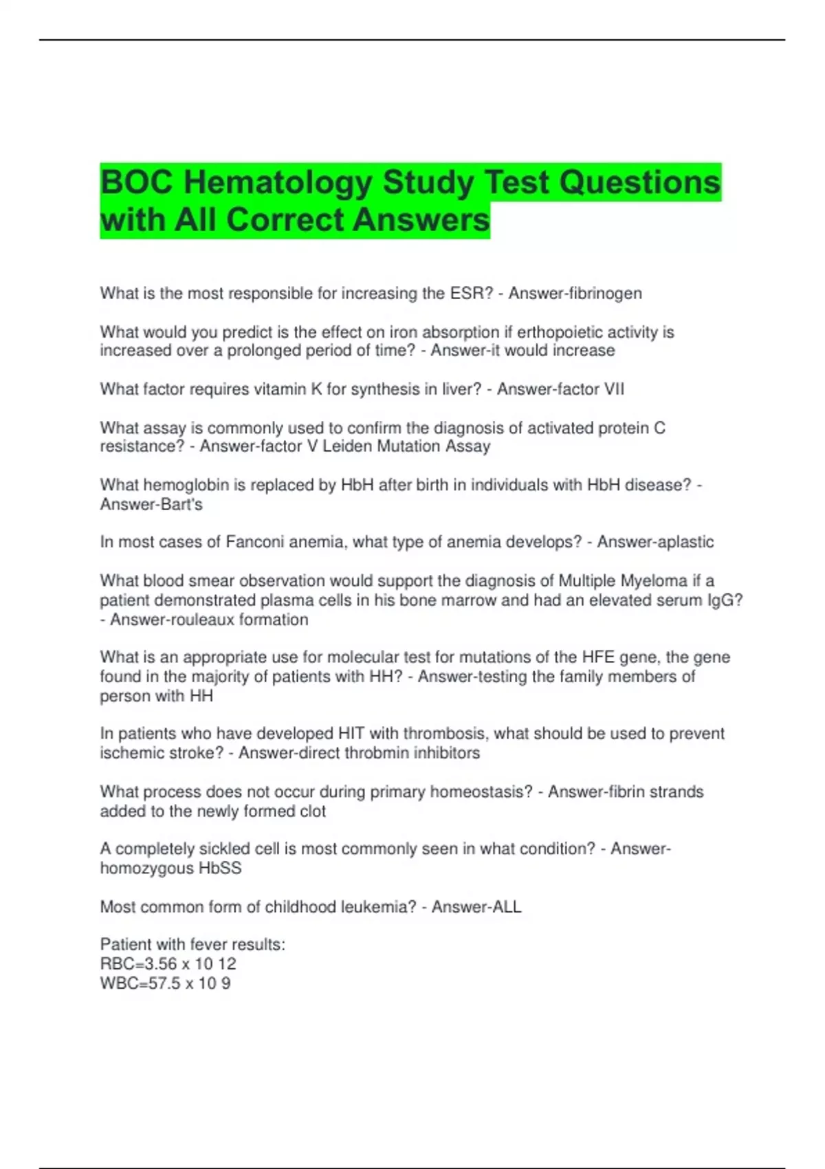 BOC Hematology Study Test Questions with All Correct Answers - BOC ...
