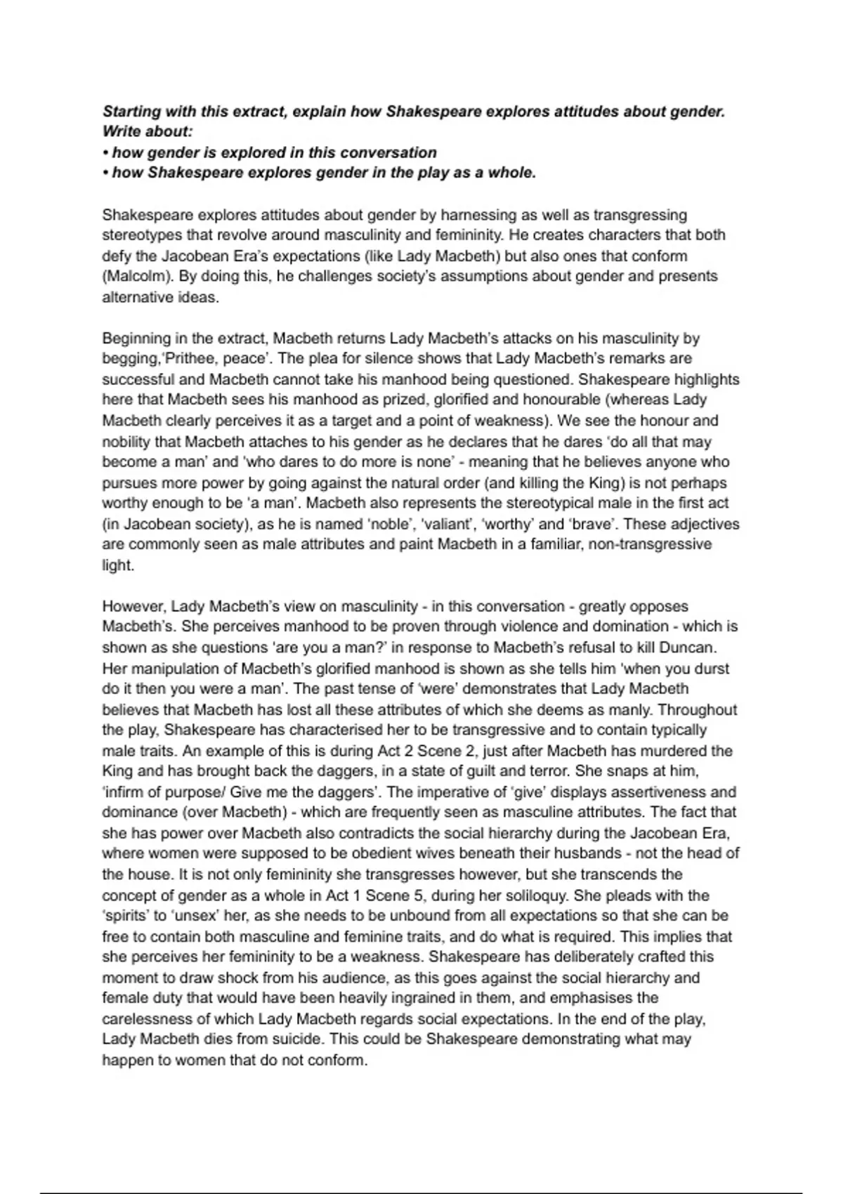 GCSE English Literature Grade 9 Essay on Gender In Macbeth - English ...