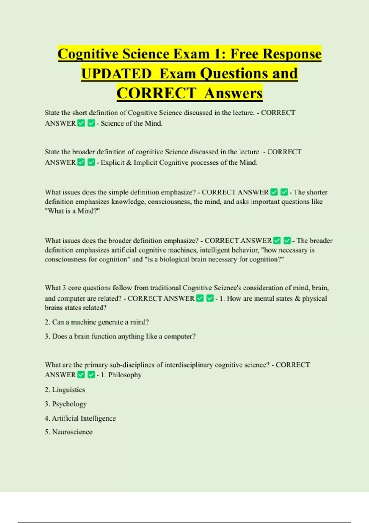 Cognitive Science Exam 1: Free Response UPDATED Exam Questions and ...