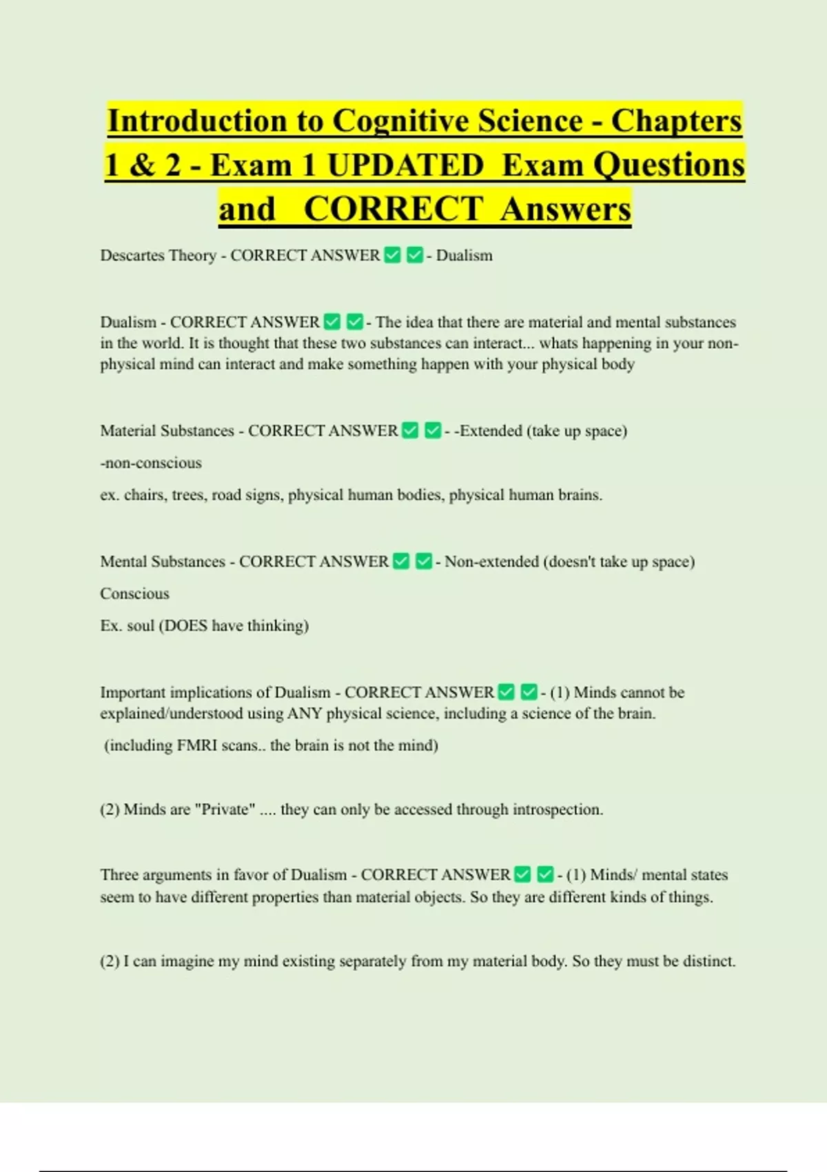 Introduction to Cognitive Science - Chapters 1 & 2 - Exam 1 UPDATED Exam Questions and CORRECT ...