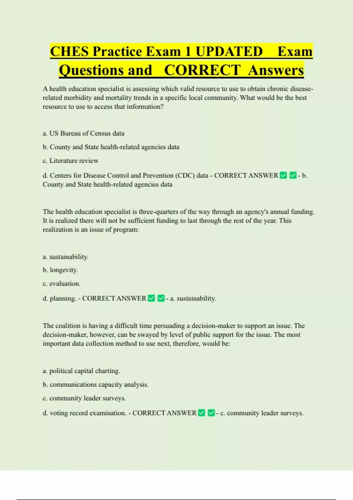 CHES Bundled Exam Questions WITH CORRECT Answers - Stuvia US