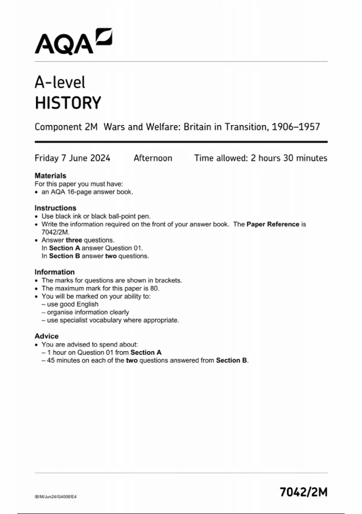 2024 AQA A LEVEL HISTORY PAPER 2M(7042/2M:Wars and Welfare) - Aqa ...